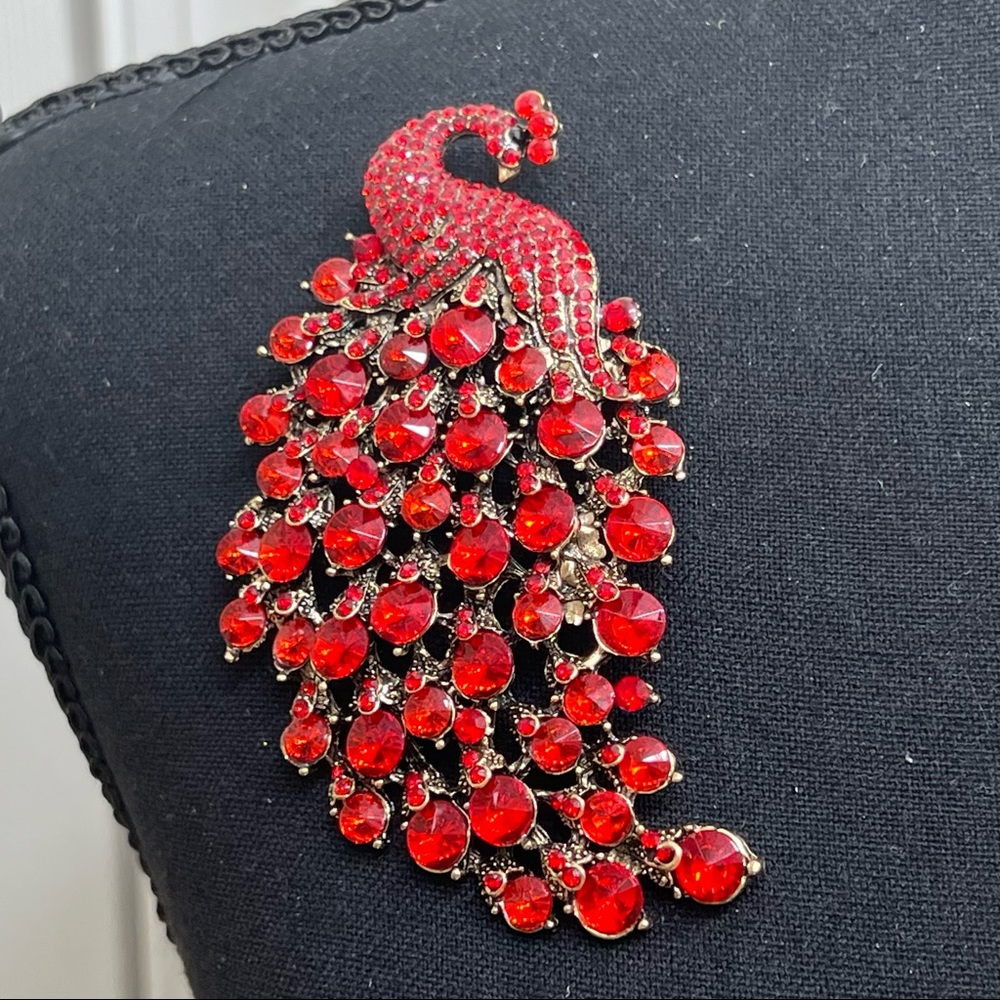 Large Red Peacock Brooch - Gem